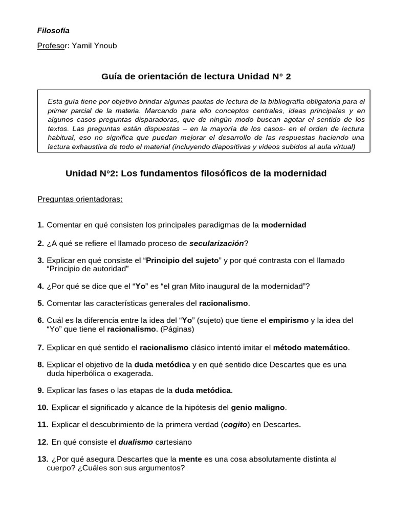 Guia de Lectura Unidad 2 Filosofia | PDF