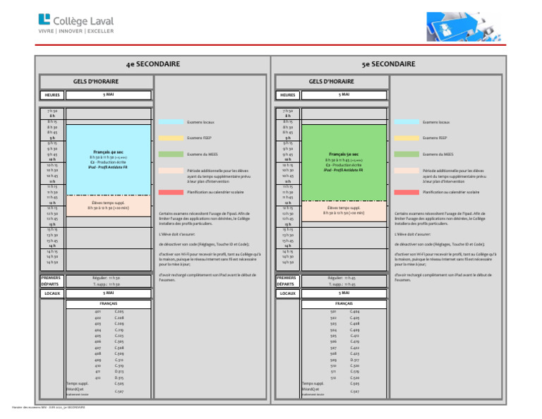 EXA Horaire Du 5 Mai - 4e Et 5e Secondaire | PDF