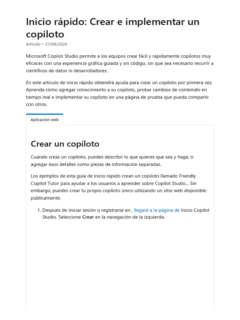 Inicio Rápido - Crear e Implementar Un Copiloto - Microsoft Copilot Studio - Microsoft Learn | PDF