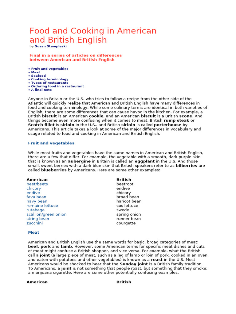 Food and Cooking in American and British English | PDF
