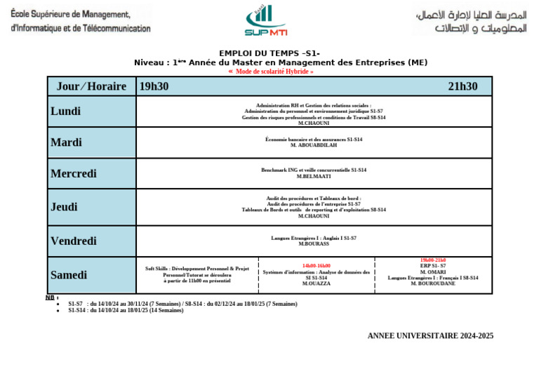 Emploi Du Temps S1 Distanciel M1 ME | PDF