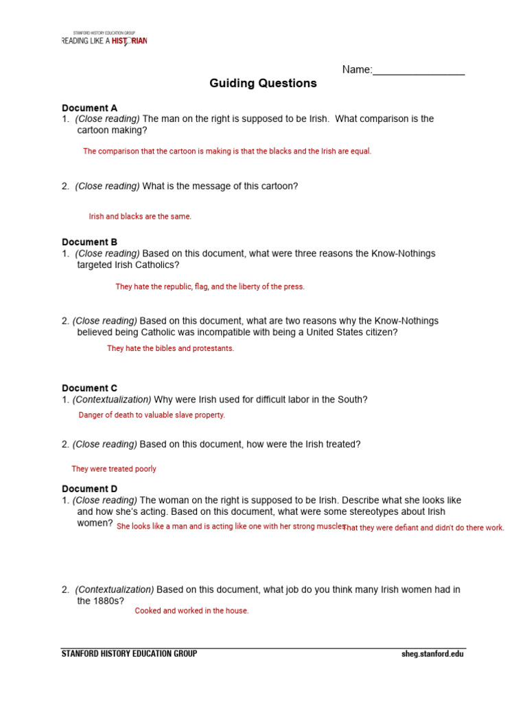 Kami Export - Irish Immigrants Guiding Questions | PDF