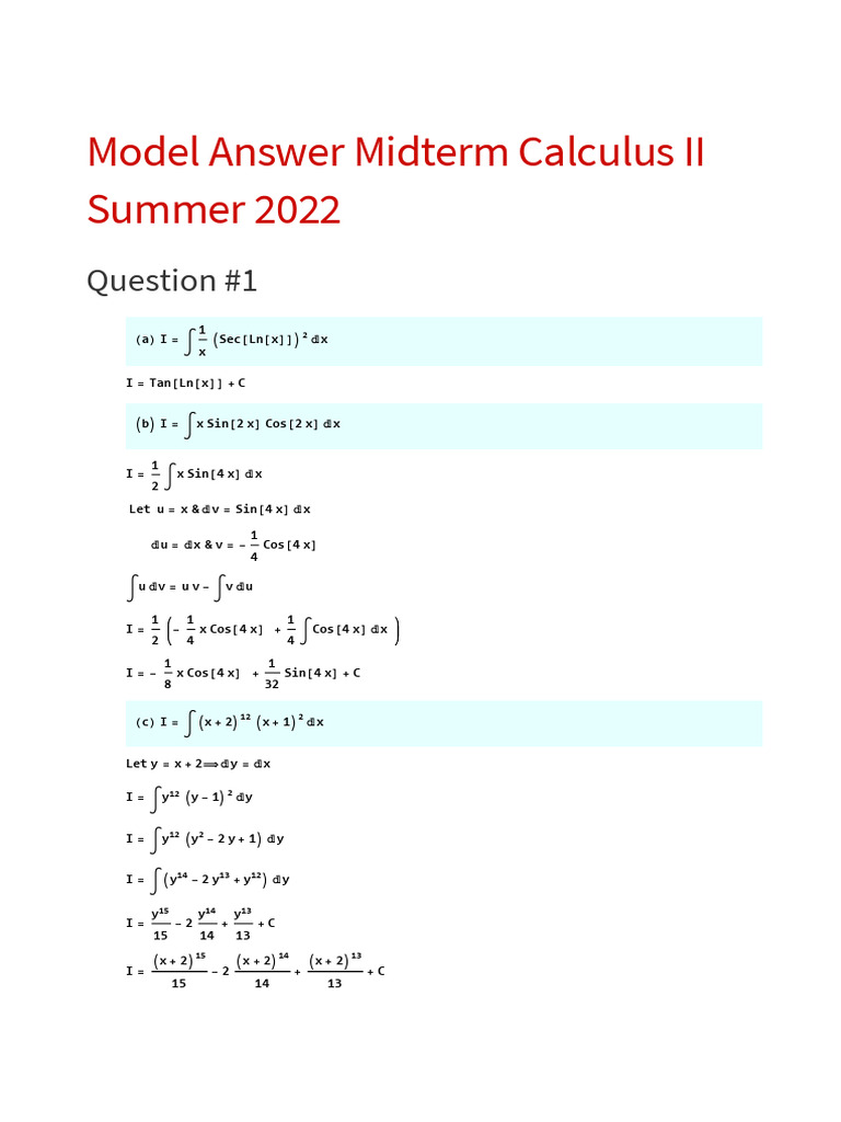 Calculus II & Analytical Geometry Model Answer Midterm Summer 2022 | PDF