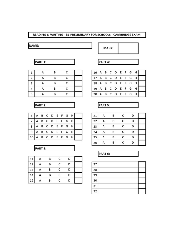 Reading B2 Answer Sheet | PDF