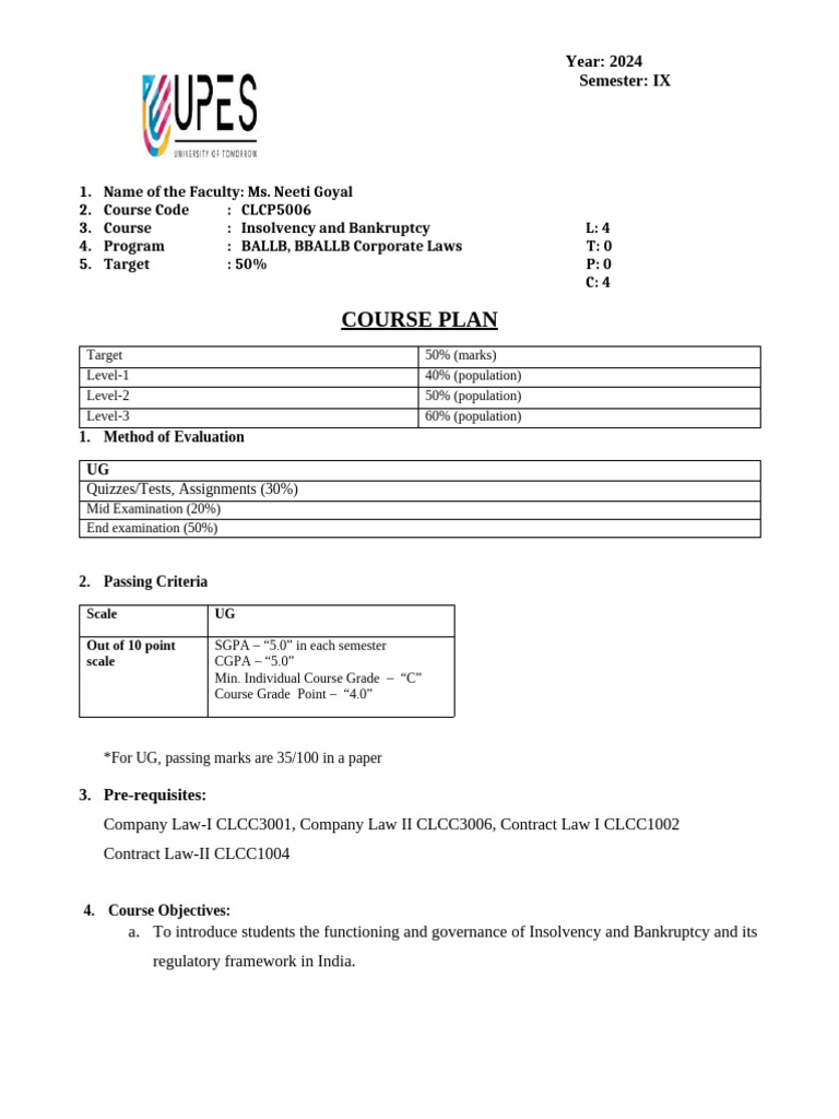 CLCP5006 - Insolvency and Bankruptcy - Course Plan - Neeti Goyal | PDF ...