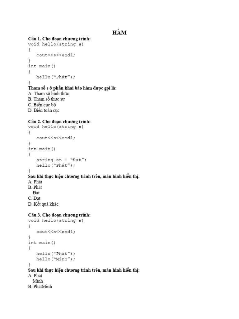 Void Hello (String) (Cout S Endl ) Int Main (Hello ("Phát") ) | PDF