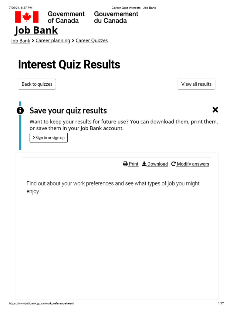 Career Quiz Interests - Job Bank | PDF