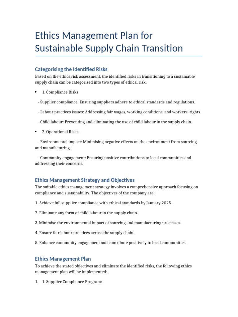 Ethics Management Plan Sustainable Supply Chain | PDF