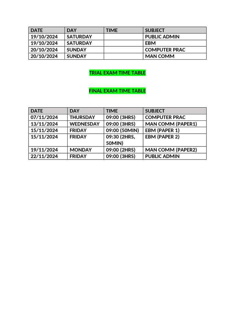n4 Exam Time Table | PDF