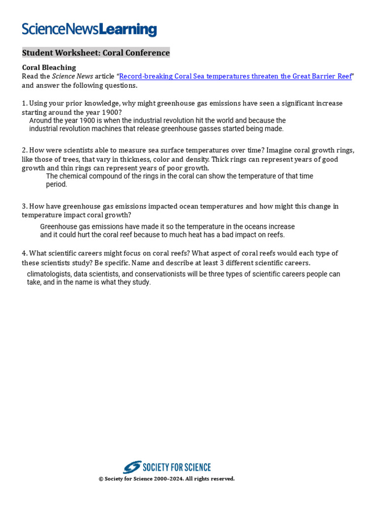 Coral Bleaching Worksheet | PDF | Coral | Coral Reef