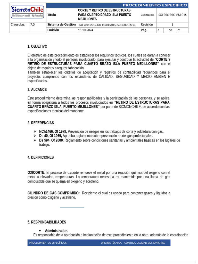 SGI-PRC-PRO-PM-016 Rev.B Corte y Retiro de Estructura 4to Brazo PDM | PDF