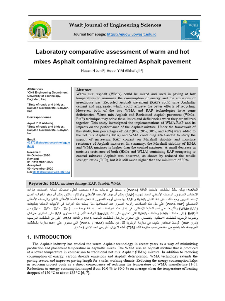 Laboratory Comparative Assessment of Warm and Hot Mixes Asphalt ...