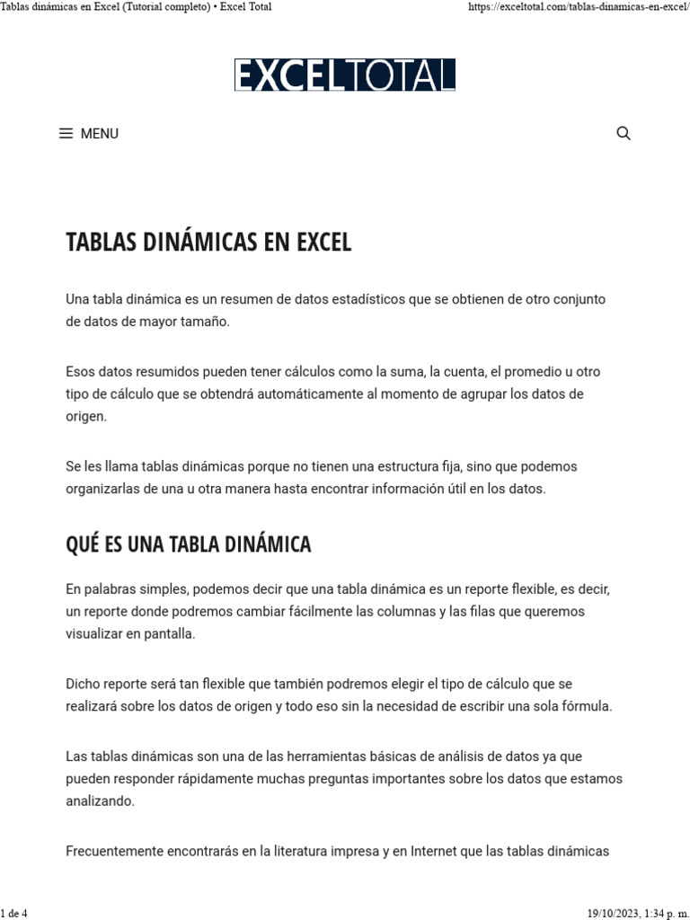 Tablas dinámicas en Excel (Tutorial completo)_Excell Total | PDF