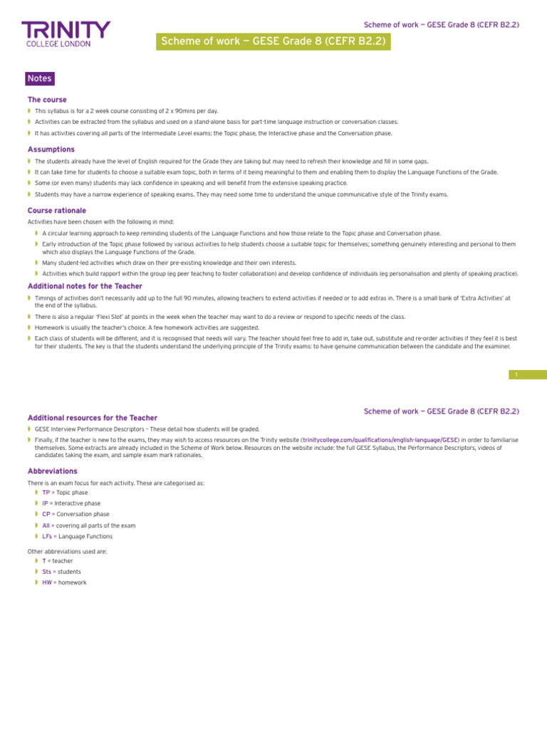 00 GESE 8 (CEFR B2.2) - Scheme of Work | PDF