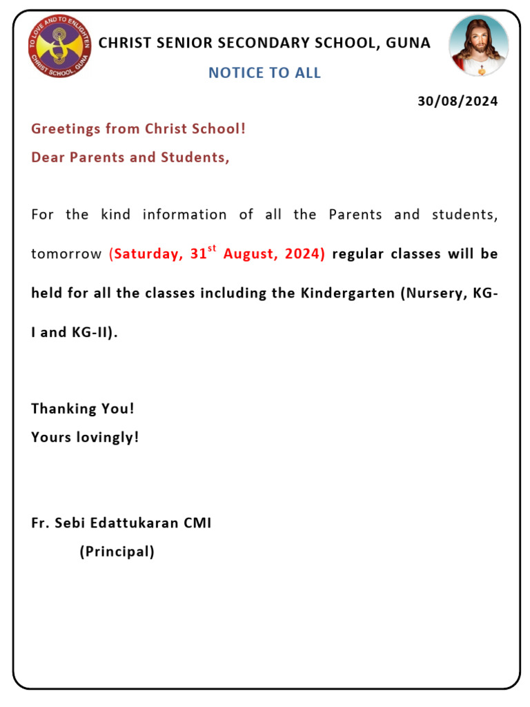 REGULAR CLASSES NOTICE 31AUGUST2024 | PDF