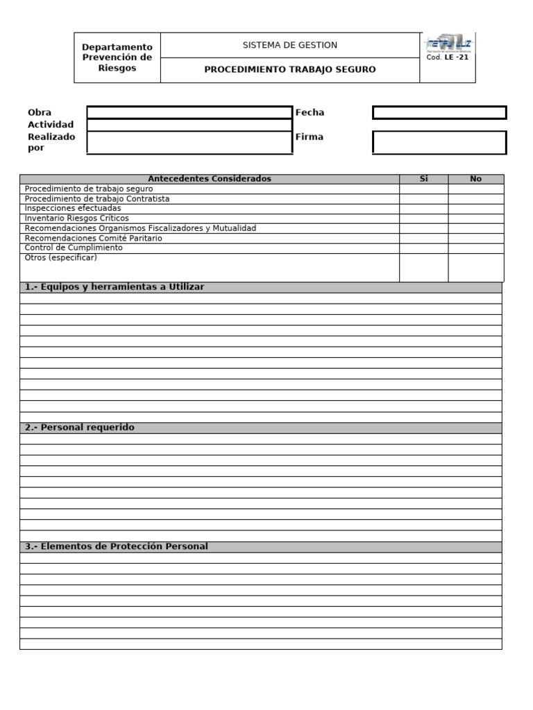 PZ - 21 Procedimiento Seguro de Trabajo | PDF