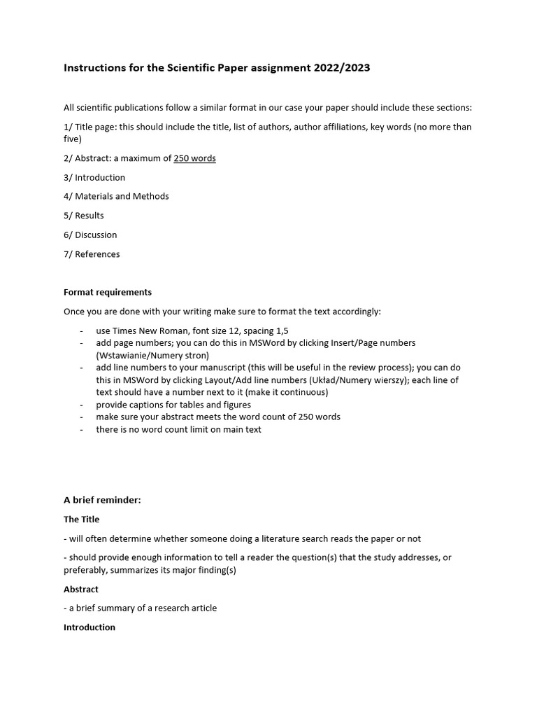 Scientific Paper Instructions 2022 - 2023 | PDF