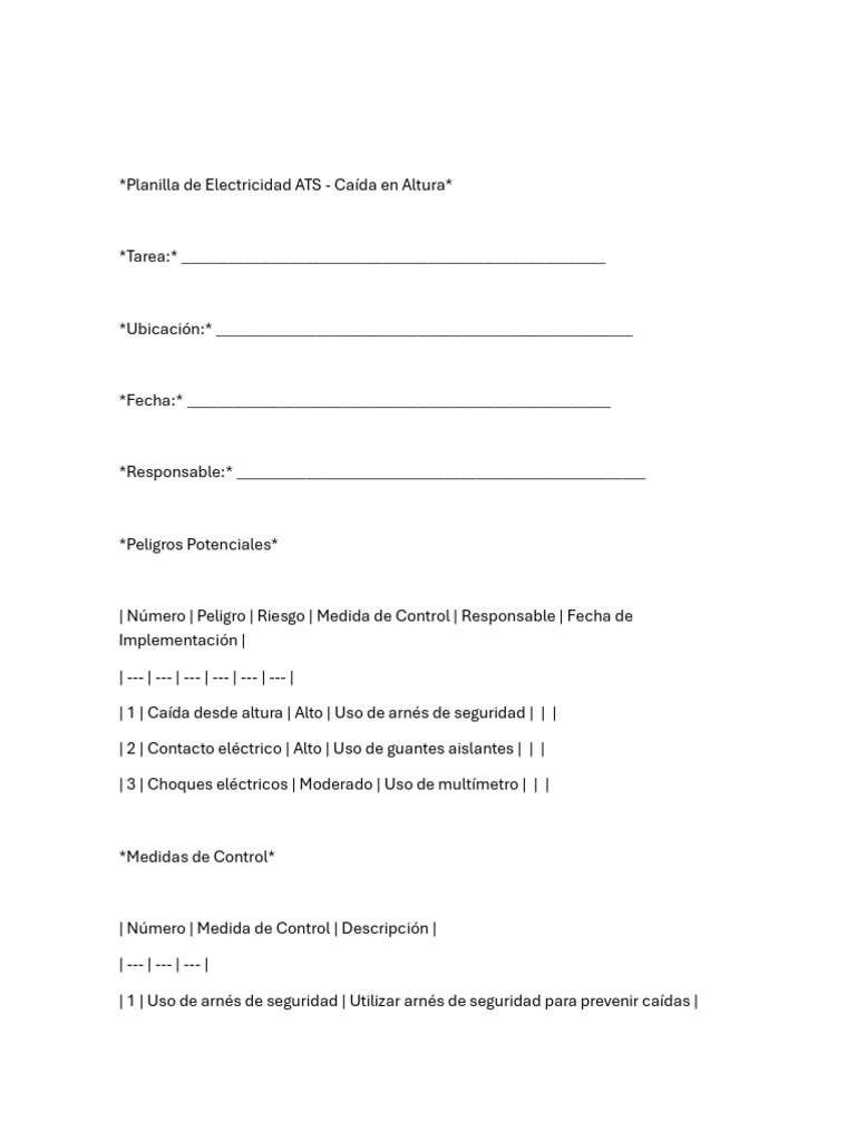 Planilla de ATS Caida en Altura | PDF