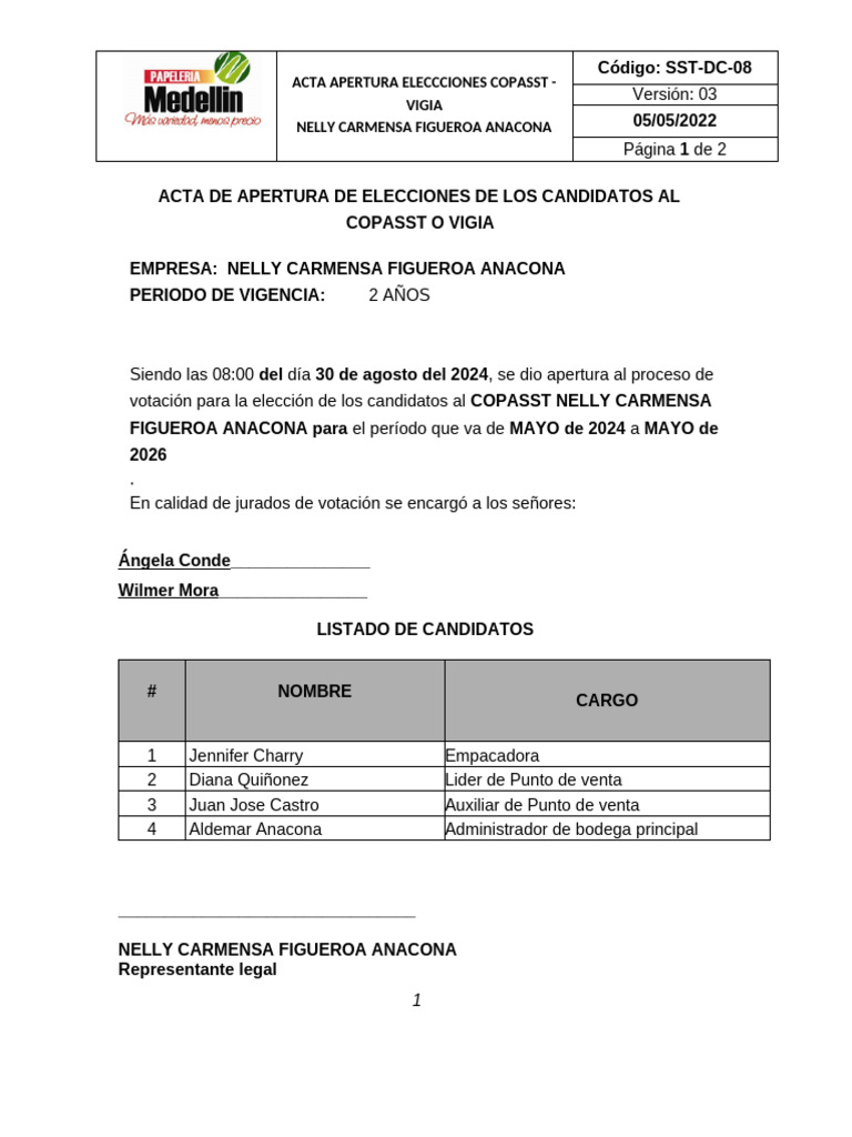 GSC-SGSST-DC-08 Acta de Apertura de Elecciones de Los Candidatos Al ...