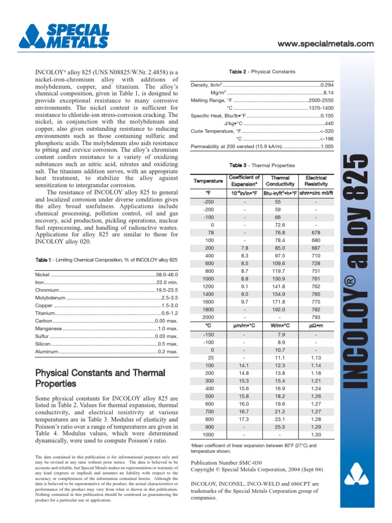 Incoloy Alloy 825 | PDF | Ultimate Tensile Strength | Strength Of Materials