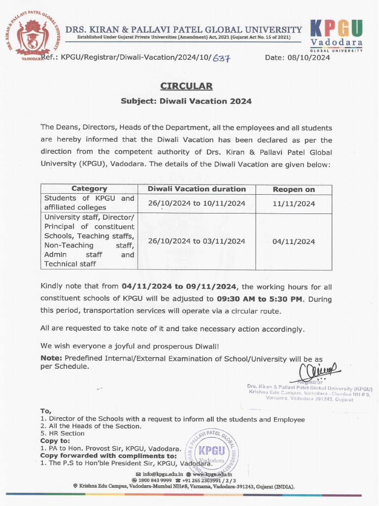 Circular - Diwali Vacation | PDF