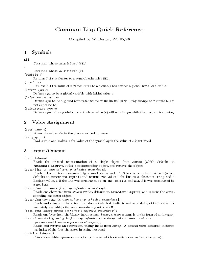 Common Lisp Quick Reference | PDF