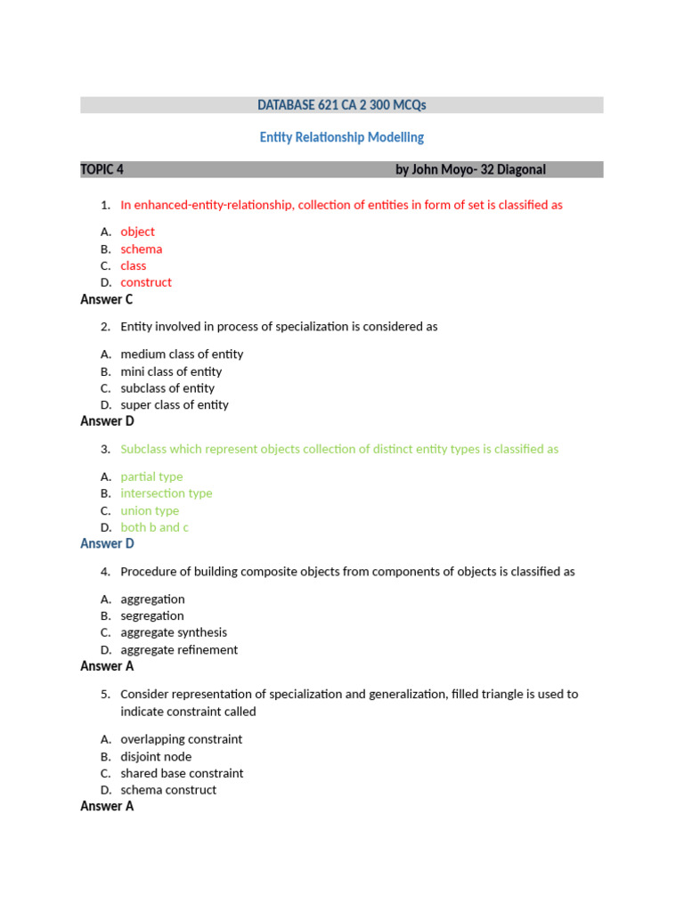 DATABASE 621 CA 2 300 MCQs Entity Relationship Modelling | PDF