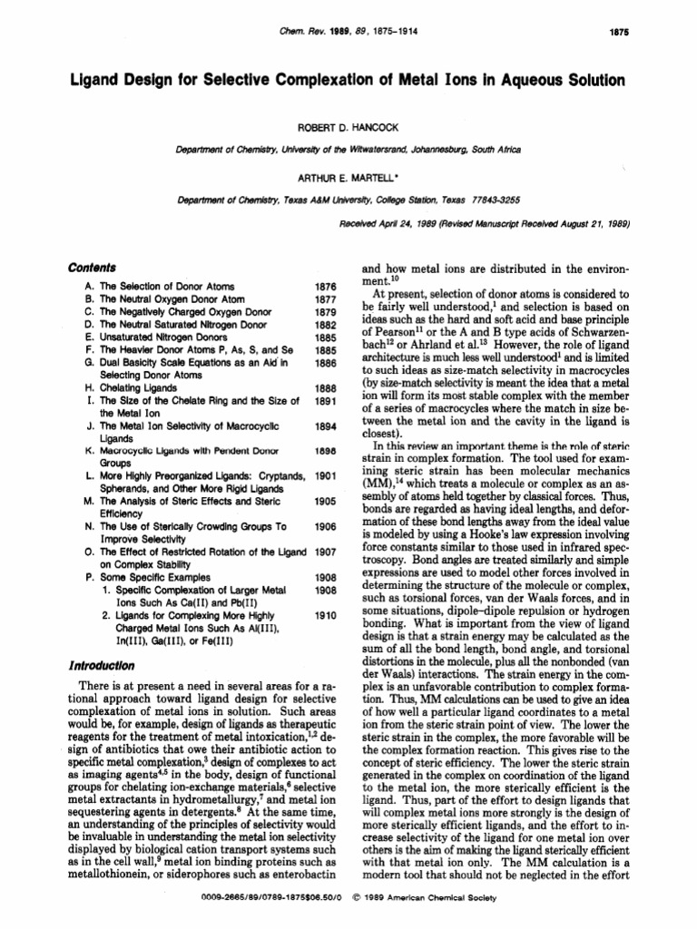 Ligand Design For Selective Complexation of Metal Ions in Aqueous ...