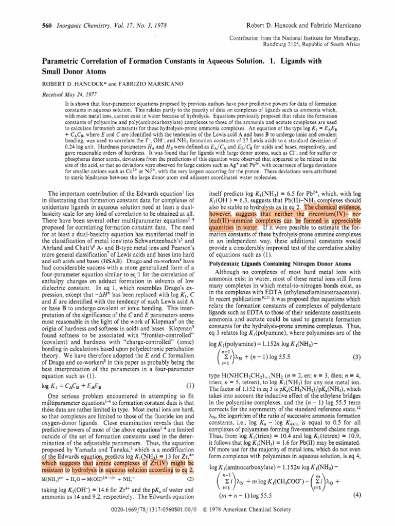 Parametric Correlation of Formation Constants in Aqueous Solution. 1. Ligands With Small Donor | PDF