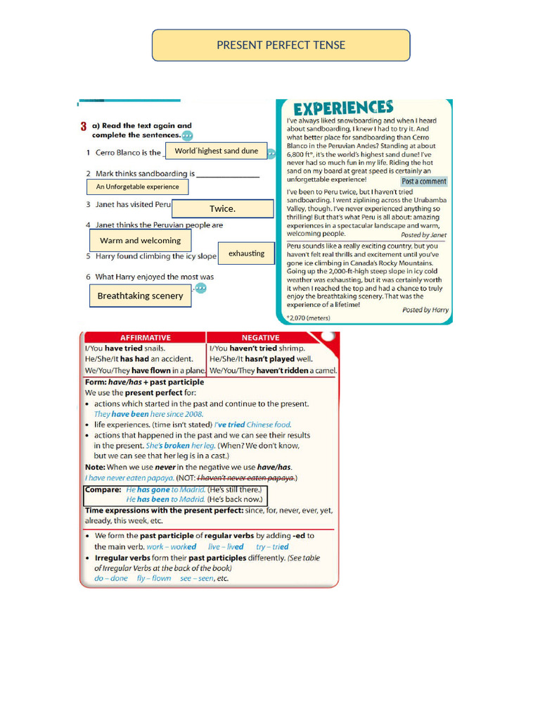 PRESENT PERFECT FOR EXPERIENCESb | PDF