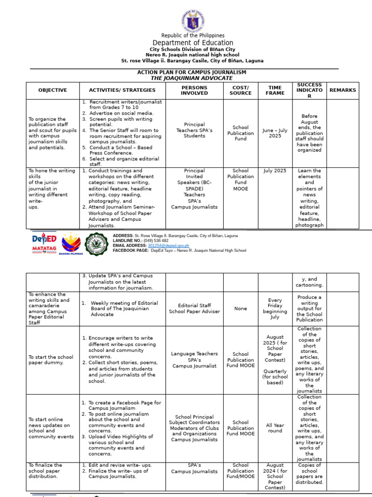Action Plan For Journ 2025-2026 | PDF