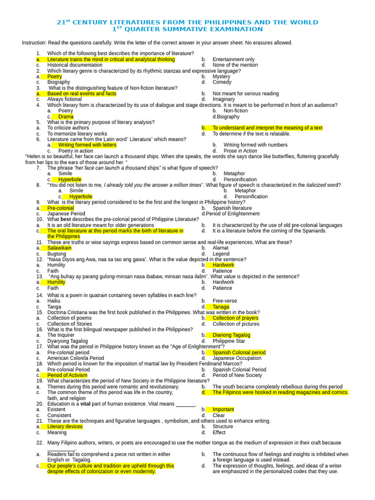 Summative Exam. ANSWER KEY | PDF