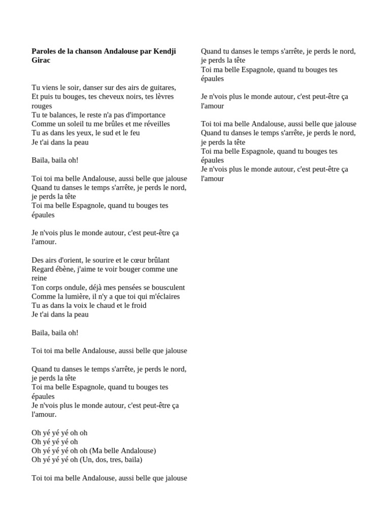Paroles de La Chanson Andalouse Par Kendji Girac | PDF