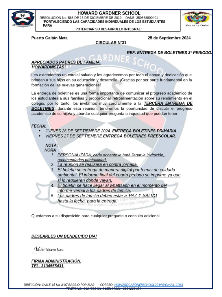 Circular 31 Entrega de Boletines | PDF