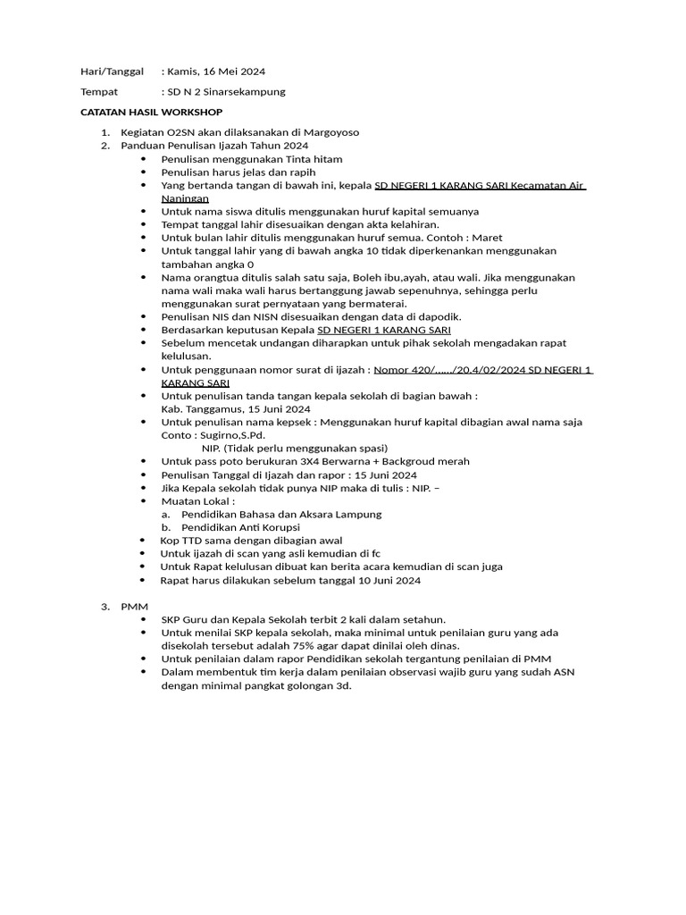 Catatan Rapat Di SD 2 Sinar Sekampung | PDF