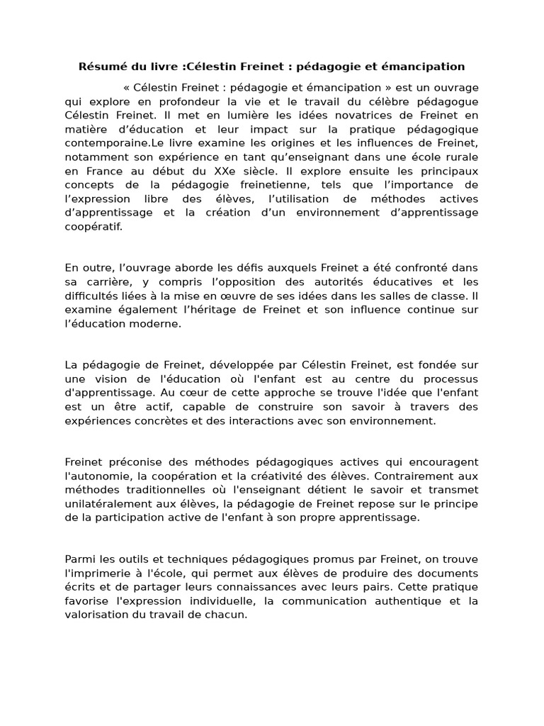 Résumé Du Livre Célestin Freinet Pédagogie Et Émancipation | PDF