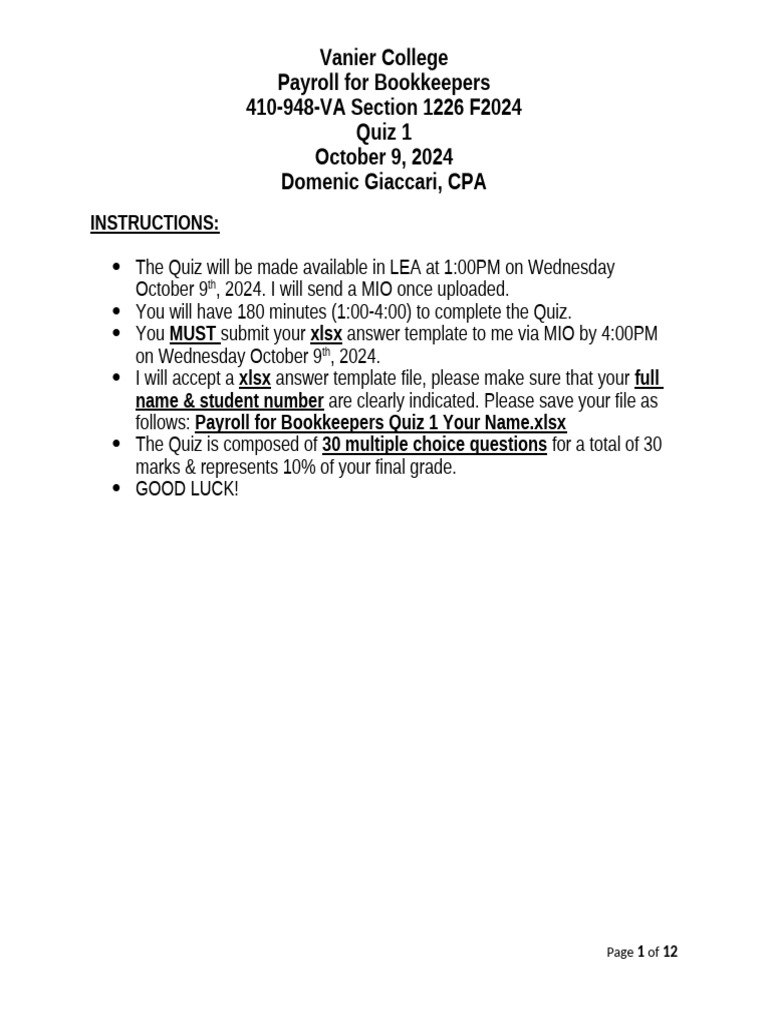Payroll For Bookkeepers F2024 Quiz 1 | PDF