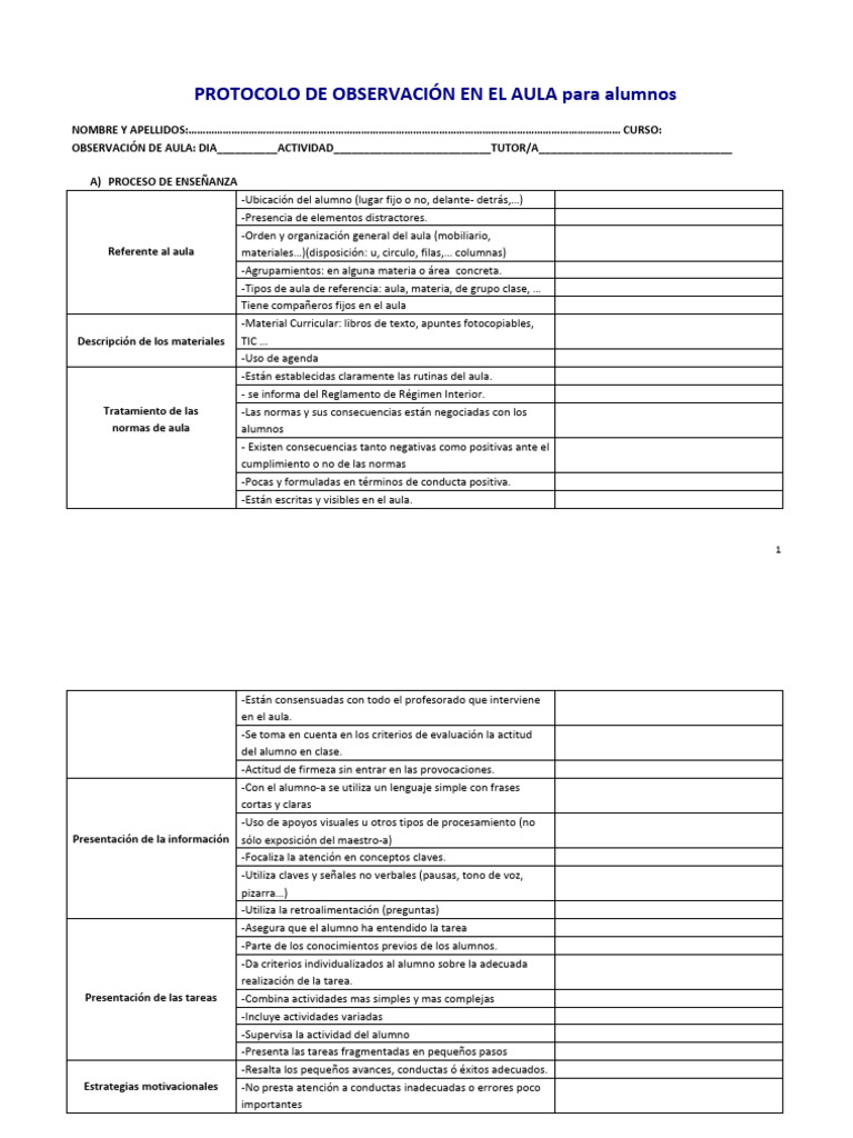 PROTOCOLO-DE-OBSERVACIÓN-EN-EL-AULA-para-alumnos | PDF