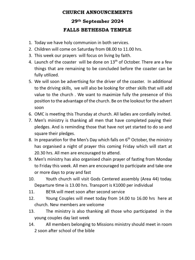 Church Announcements - 29nd September 2024 | PDF
