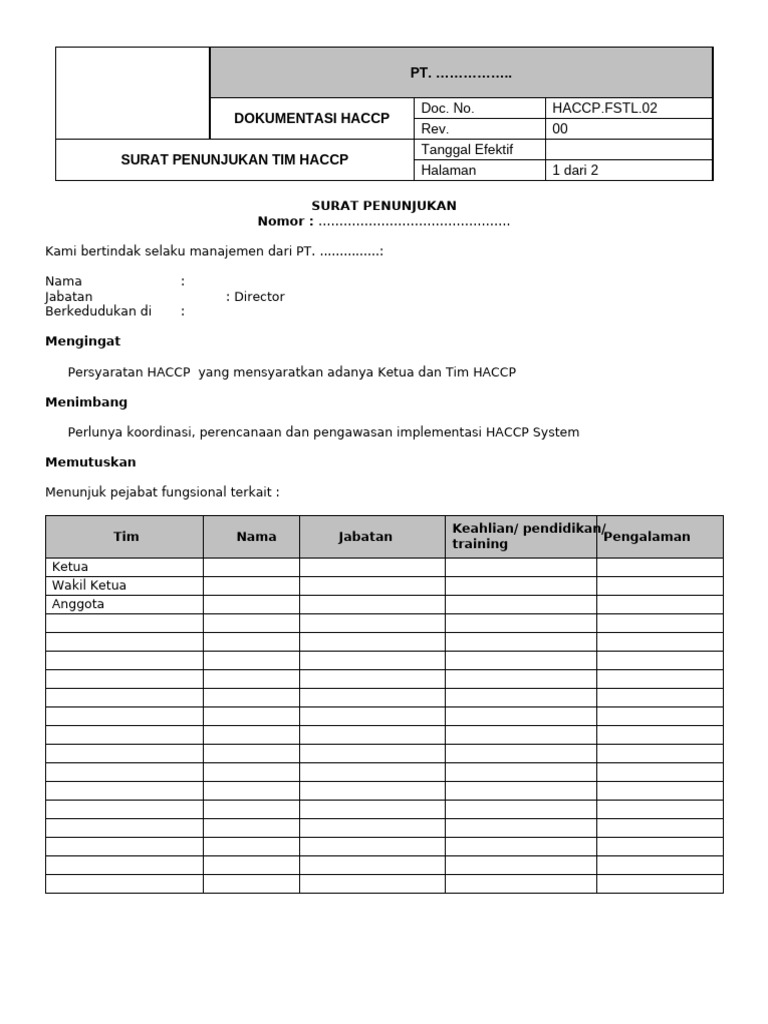 HACCP.FSTL.02 - SURAT PENUNJUKAN TIM HACCP | PDF