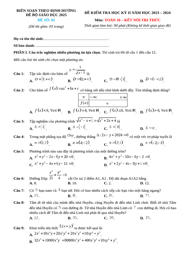 ĐỀ 1 - ÔN TẬP CUỐI HK2 - TOÁN 10 - HS ĐÃ LÀM | PDF
