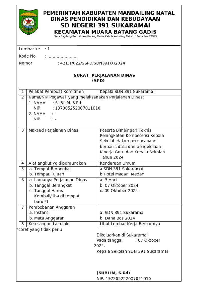 Surat Perjalanan Dinas 391 | PDF