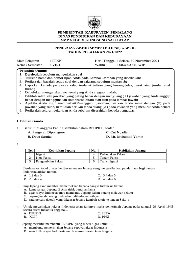 Soal Pas PPKN 7 | PDF