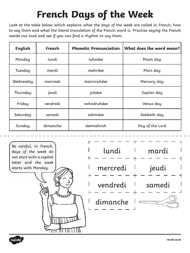 French Days Of The Week Worksheet