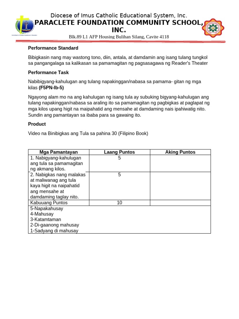 Grade 5 FILIPINO PERFORMANCE TASK | PDF