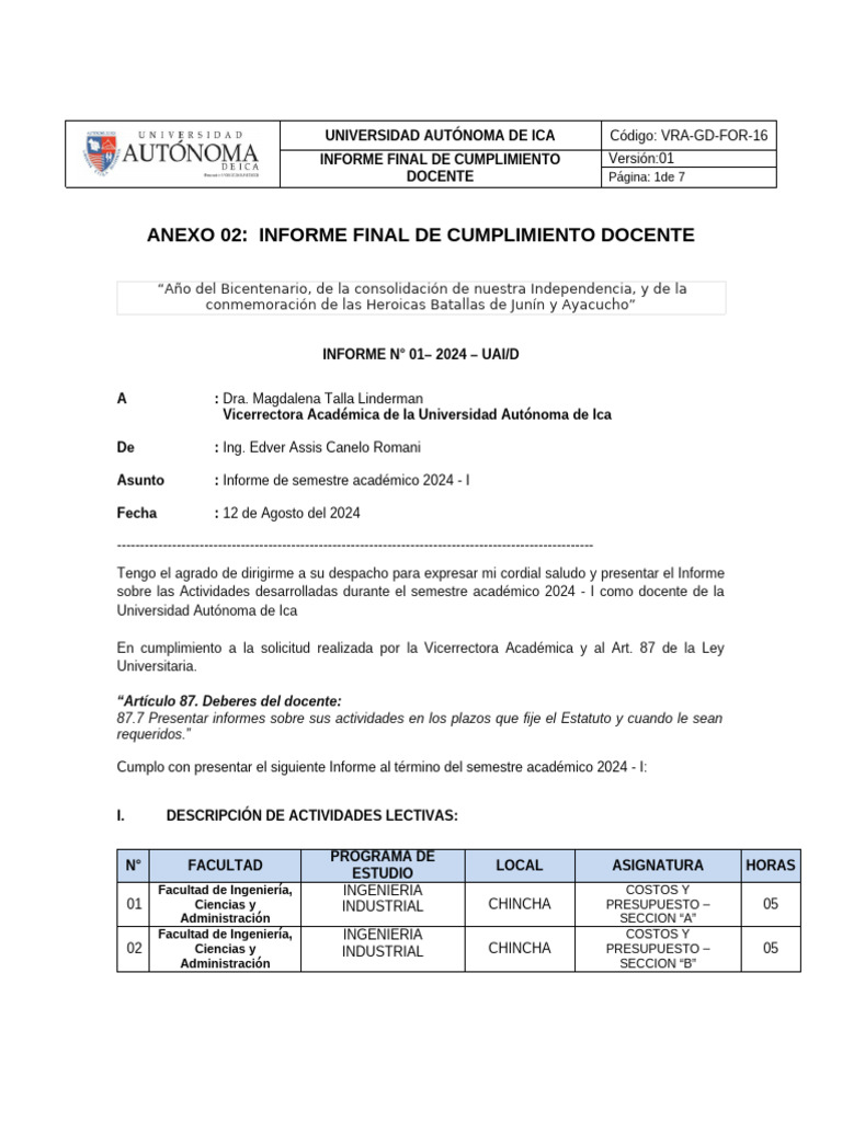 Anexo 2. Informe Final de Cumplimiento Docente | PDF