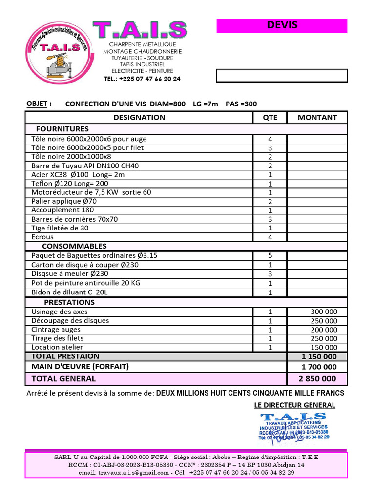 PROFORMA N°TAIS-020 - 2023 CONFECTION D'UNE VIS DIAM 800 LG 7m PAS 300 | PDF