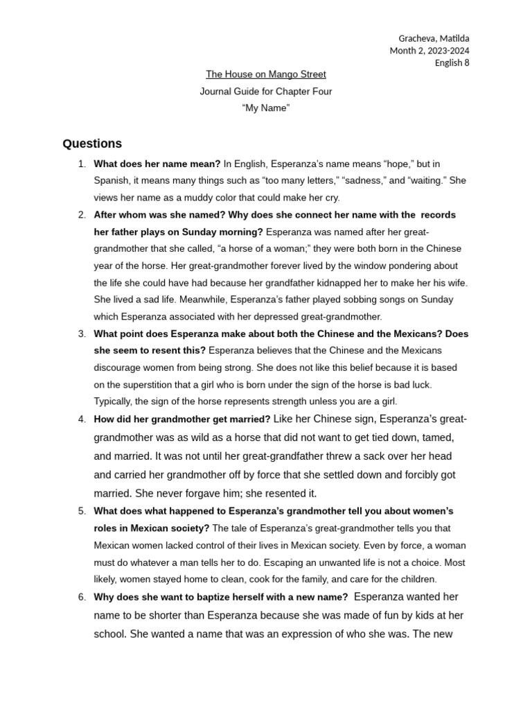 English M2 - House On Mango Street Worksheet | PDF