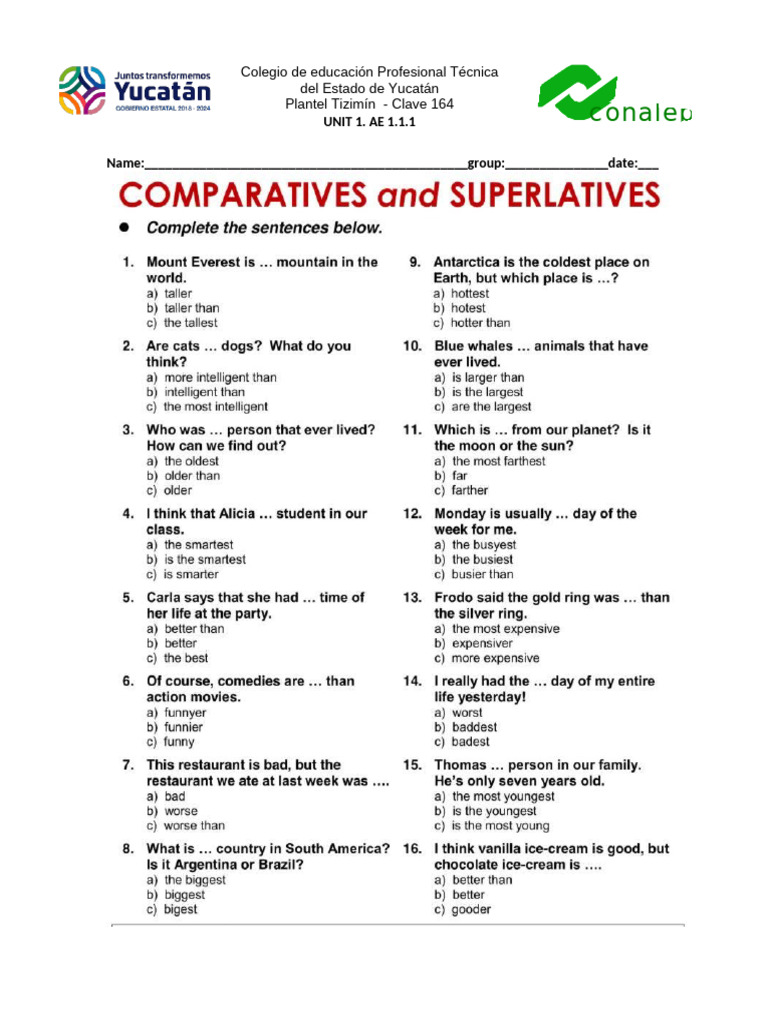 Tarea 6. Ejercicios Comparativos y Superlativos | PDF