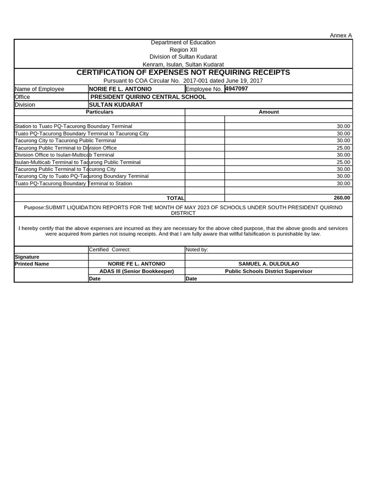 Certificate of Expenses Not Requiring Receipt 1 | PDF
